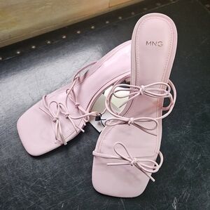 Mango | Shoes | Bow Kitten Heel Leather Pastel Pink Strappy Sandal ...